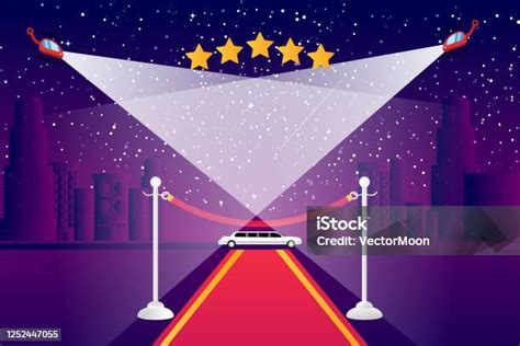 인기 영화 시사회 시네마 세트 벡터 일러스트레이션 유명한 Ator 높은 영화 등급에 대한 레드 카펫 근처 긴 흰색 리무진 카메라