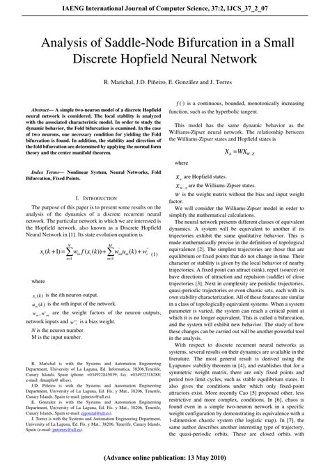 Pdf Analysis Of Saddle Node Bifurcation In A Small Discrete Hopfield Neural Network