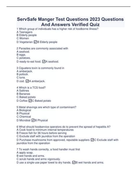 ServSafe Manger Test Questions Questions And Answers Verified Quiz ServSafe Manger