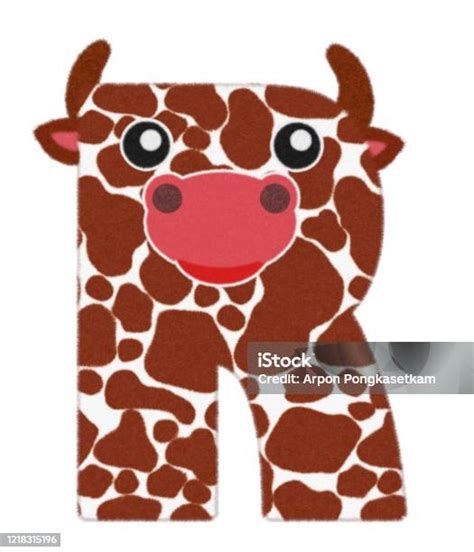 3d 일러스트 카우 만화 캐릭터 울 모피 깃털 편지 R 귀여운 암소 얼굴 갈색 황소 또는 흰색 배경에 고립 된 황소 알파벳 R