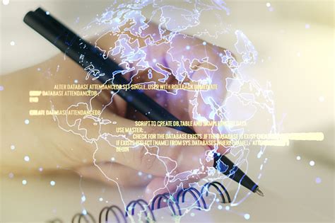 배경 빅 데이터 및 블록 체인 개념에 메모장에 세계지도와 사람의 손으로 쓰기와 추상적 인 창조적 인 프로그래밍 일러스트의 이중 노출 Stem 주제에 대한 스톡 사진 및 기타