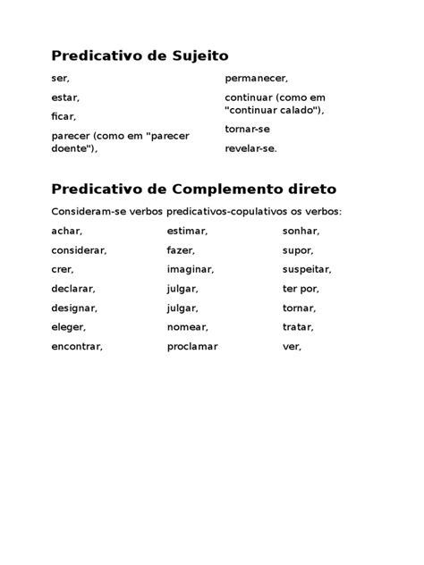Predicativo De Sujeito E Predicativo De Complemento Direto Pdf