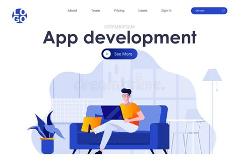 App Development Flat Landing Page Design Programmer Working At Home On