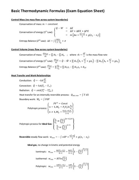 Basic Thermodynamic Formulas Exam Equation Sheet Docsity