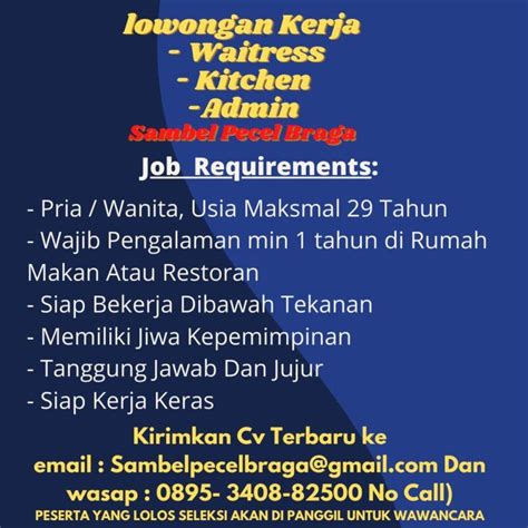 Lowongan Kerja Waitress Kitchen Admin Di Sambel Pecel Braga