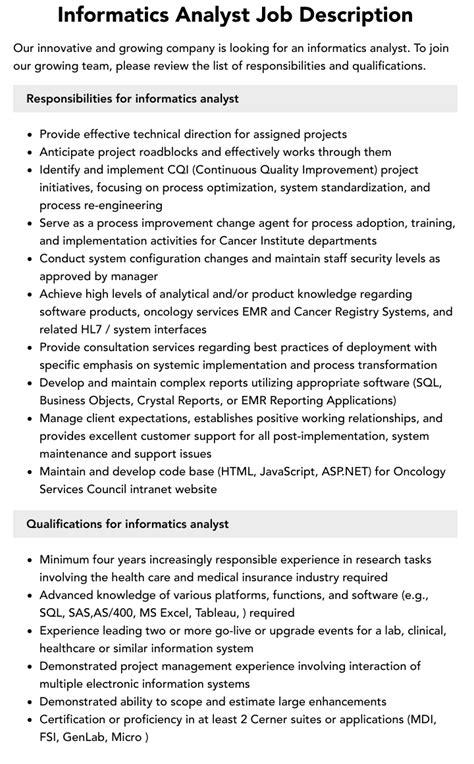 Informatics Analyst Job Description Velvet Jobs