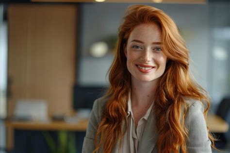Young Redhead Businesswoman Smiling In Office Premium Ai Generated Image
