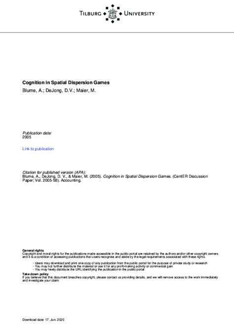 Pdf Cognition In Spatial Dispersion Games