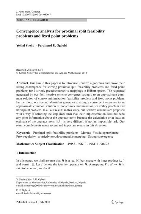 Pdf Convergence Analysis For Proximal Split Feasibility Problems And Fixed Point Problems