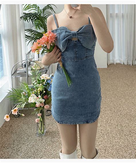 최저가당일배송 하이틴 리본 데님 원피스 스판 끈나시 뷔스티에 청 미니 원피스 Y2k 유니크 봄 여름 신상 휴양지룩 바캉스룩 에이블리