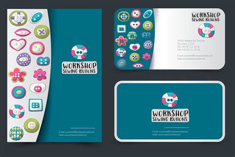 재 봉 단추 전단지와 명함을 설정합니다 광고 초대 브로슈어 서식 파일에 대 한 배경입니다 손으로 그린된 낙서 만화 스타일 공예 워크숍 디자인 개념 벡터 일러스트입니다 A4
