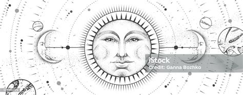 우주 배경에 인간의 얼굴점성술 태양과 달 기호현대 마술 마술 카드 낮과 멍청한 현실적인 손 그리기 벡터 일러스트레이션 사람 얼굴에 대한 스톡 벡터 아트 및 기타 이미지
