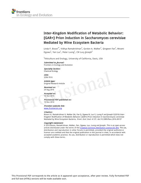 Pdf Inter Kingdom Modification Of Metabolic Behavior Gar Prion Induction In Saccharomyces