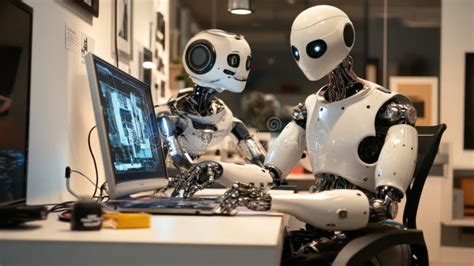 Two Humanoid Robots Collaborating At A Modern Workstation Together Stock Illustration