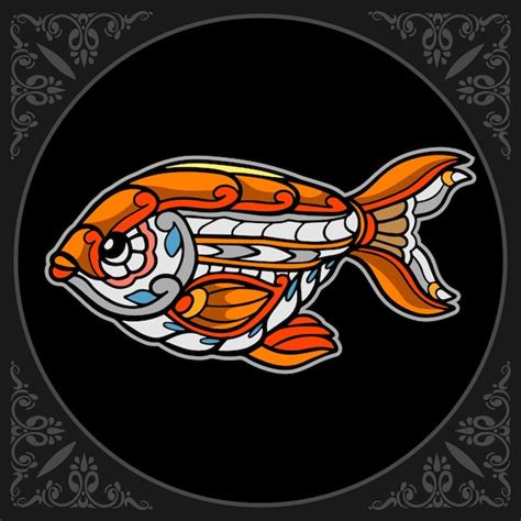 검은 배경에 고립 된 다채로운 금붕어 Zentangle 예술 프리미엄 벡터