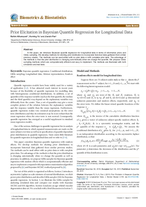 Pdf Prior Elicitation In Bayesian Quantile Regression For Longitudinal Data