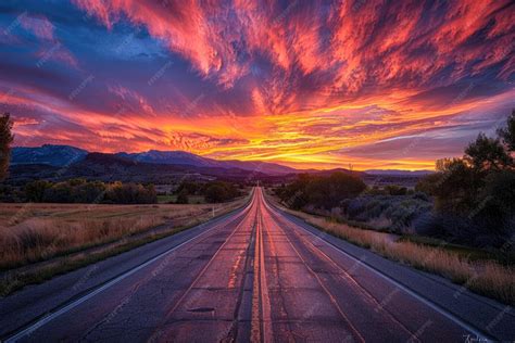Sunset Utah Dramatic Colourful Sunset Over An Empty Road In Utah