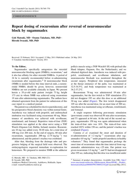 Pdf Repeat Dosing Of Rocuronium After Reversal Of Neuromuscular Block By Sugammadex