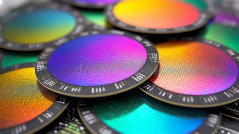 Iridescent Close Up Of Silicon Wafers Stacked With Intricate Circuitry Patterns Showcasing