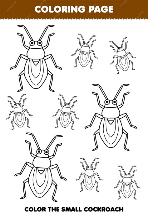 귀여운 만화 바퀴벌레 라인 아트 인쇄용 버그 워크시트의 크거나 작은 그림을 색칠하는 어린이를 위한 교육 게임 프리미엄 벡터