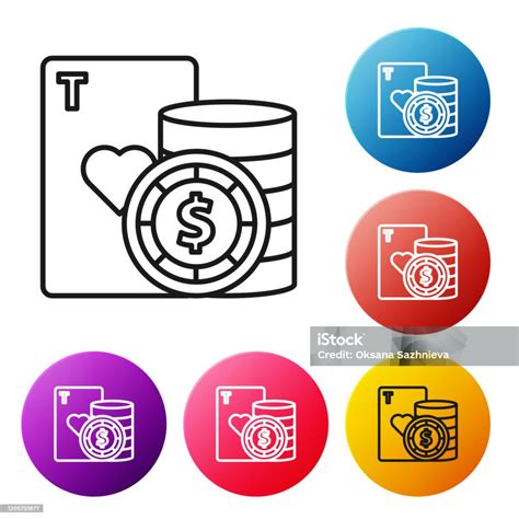 검은 선 카지노 칩과 흰색 배경에 고립 된 카드 아이콘을 재생합니다 카지노 포커 아이콘 다채로운 원 버튼을 설정합니다 벡터 일러스트레이션 도박에 대한 스톡 벡터 아트 및