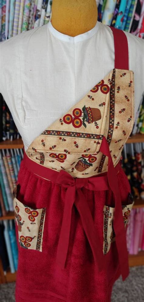 Handmade Debbie Mumm Flower Pot Print Bib Apron With Dark Red Terrycloth Skirt And Pockets Free