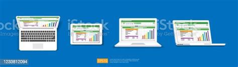 노트북 태블릿 화면 아이콘에 스프레드 시트 재무 회계 보고서 개념입니다 기획 및 회계 분석 감사 프로젝트 관리 마케팅 연구 벡터
