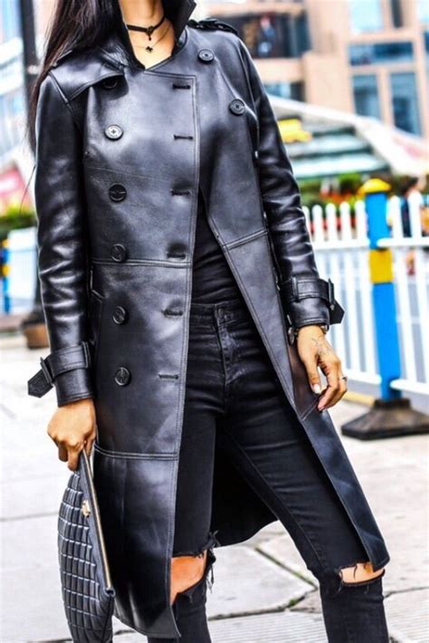 Genuine Leather Trench Coat Runway Street Style Urban Chic Fashion