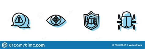 Set Line System Bug Exclamation Mark In Triangle Eye Scan And Icon