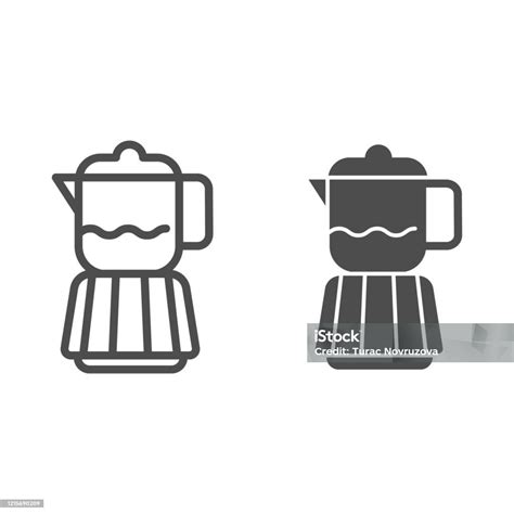 커피 주전자 라인과 단색 아이콘 아로마 에스프레소 기호를 양조하기위한 부엌 냄비 흰색 배경에 윤곽 스타일 그림 모바일 컨셉 및