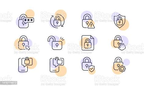 개인 정보 보호 잠금 설정 아이콘입니다 암호 원형 화살표 방패 경고 기호 커서 문서 손 전화 장비 개인 정보 보호 개인 데이터 개념 비즈니스용 벡터 줄 아이콘 맹꽁이자물쇠에