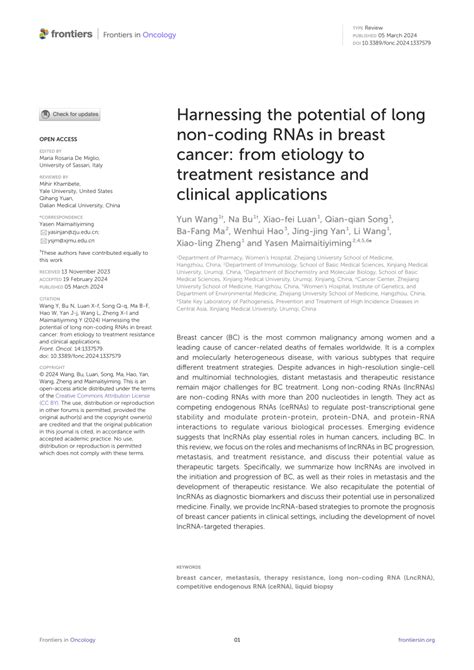 Pdf Harnessing The Potential Of Long Non Coding Rnas In Breast Cancer From Etiology To