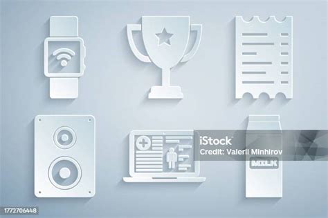 의료 임상 기록 종이 재정 수표 스테레오 스피커 우유 패키지 트로피 컵 및 무선 아이콘이 있는 스마트워치를 설정합니다 벡터 1위에 대한 스톡 벡터 아트 및 기타 이미지