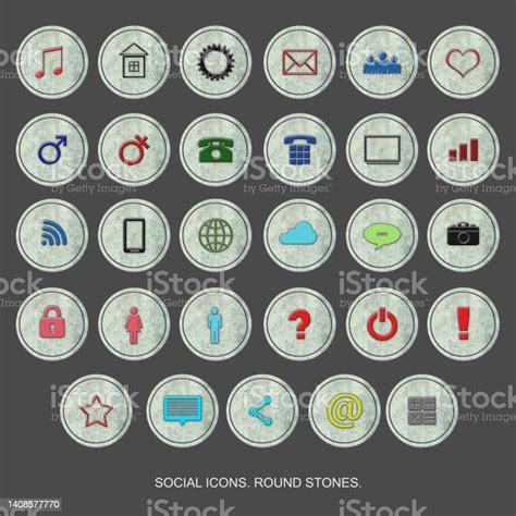 둥근 돌에 소셜 아이콘 세트 회색 배경에 격리되어 있습니다 3d 그림 소셜 미디어 디자인 요소 개념에 대한 스톡 벡터 아트 및 기타 이미지 Istock