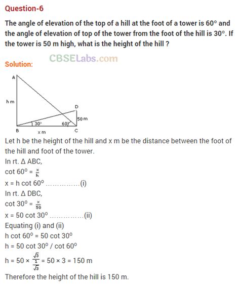 Some Applications Of Trigonometry Class 10 Extra Questions Maths Chapter 9 Cbse Labs