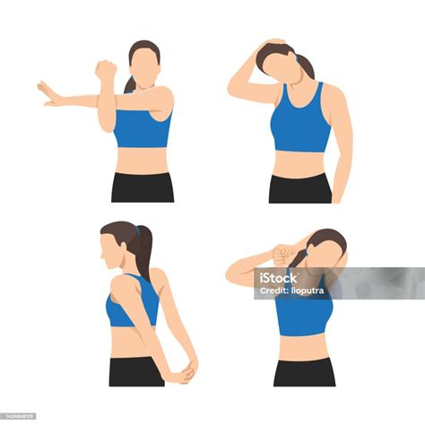 목 팔 어깨를 펴는 여자 손 흰색 배경에 격리된 플랫 벡터 일러스트 레이 션 스트레칭에 대한 스톡 벡터 아트 및 기타 이미지