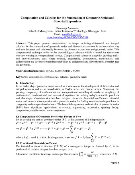 Pdf Computation And Calculus For The Summation Of Geometric Series And Binomial Expansions