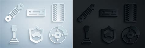 방패 타이어 휠 기어 시프터 브레이크 디스크 캘리퍼 오디오 및 충격 흡수 아이콘으로 자동차를 설정합니다 벡터 3차원 형태에 대한