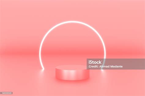 제품 배경 단계 또는 연단을 위한 3d 플랫폼 분홍색 색깔 및 반지 네온 백색 색깔을 가진 빈 전시 플랫폼 3d 일러스트레이션 렌더링 0명에 대한 스톡 사진 및 기타 이미지