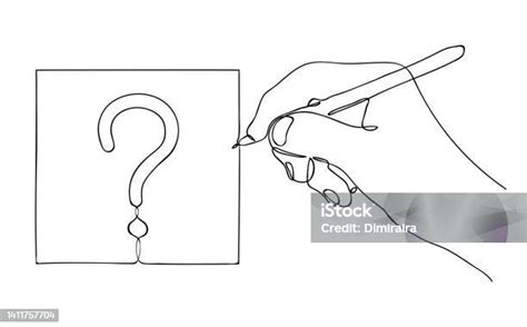 물음표 종이 스티커에 메시지를 쓰는 손의 연속 한 줄 그리기 퀴즈 및 설문 조사 기호 미니멀리스트 스타일로 스케치하십시오 편집 가능한 손으로 그린 윤곽선 벡터 낙서 패턴에