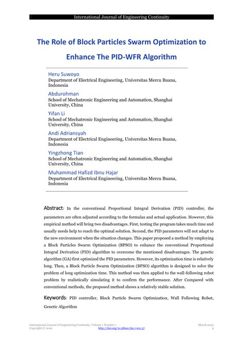 pdf the role of block particles swarm optimization to enhance the pid wfr algorithm