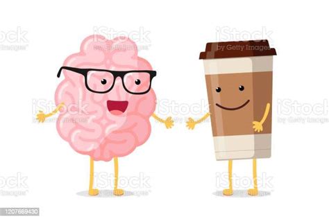 안경과 컵 뜨거운 음료 커피 캐릭터와 만화 스마트 행복 미소 인간의 두뇌 중추 신경계 장기는 좋은 아침 재미있는 개념을 깨워 플랫 벡터 일러스트레이션 커피 마실 것에 대한