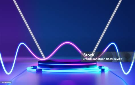 연단 배경 무대 플랫폼 빛나는 네온으로 제품 프레젠테이션 및 모형 깔끔한 디자인의 미니멀한 장면 배경 모형을 위한 빈 받침대 화장품을위한 빈 무대 3d 렌더링 0명에 대한