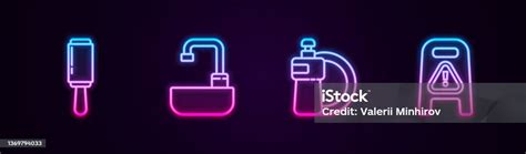 세트 라인 접착제 롤러 물 수돗물을 곁들인 워시바신 식기 세척 액체 병 및 접시 및 젖은 바닥 청소 진행 빛나는 네온 아이콘 벡터 가정 생활에 대한 스톡 벡터 아트 및 기타