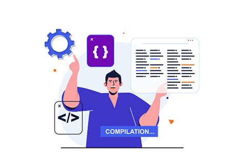 웹 배너 디자인을 위한 현대적인 평면 컨셉을 작업하는 프로그래머 개발자는 프로젝트 코드 및 프로그램의 일부로 작업하며 프로그램을