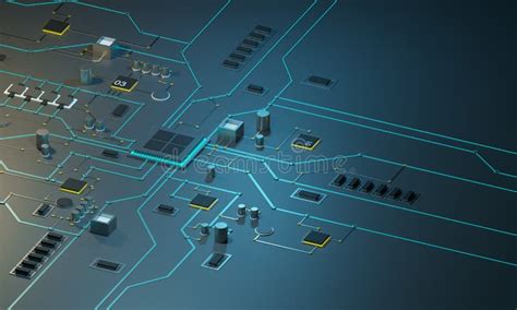 High Tech Electronic Pcbwith Processor Microchips And Glowing Digital Electronic Signals Stock