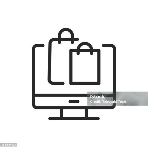 온라인 쇼핑 아이콘입니다 쇼핑백이 있는 모니터 화면의 벡터 선형 편집 가능한 그림 전자 상거래 및 인터넷 소매를 상징 가상현실에 대한 스톡 벡터 아트 및 기타 이미지