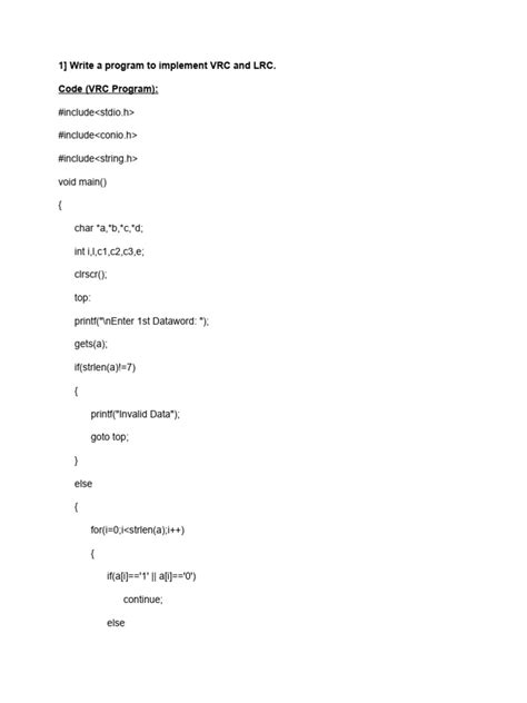 1 Write A Program To Implement Vrc And Lrc Code Vrc Program Pdf