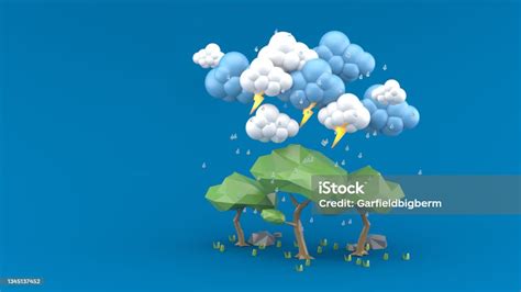 파란색 배경에 큰 나무에 비가 내린다3d 렌더링 구름에 대한 스톡 사진 및 기타 이미지 구름 디지털 생성 이미지 비 Istock