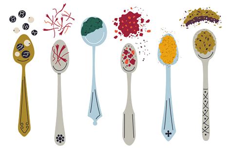 벡터 일러스트 레이 션 컬렉션 Of Allspice 사프란 심황 파프리카 칠리 빈티지 숟가락 플랫 만화 스타일 낙서 디자인 향신료 및 향기로운 조미료 요리용 허브 배경